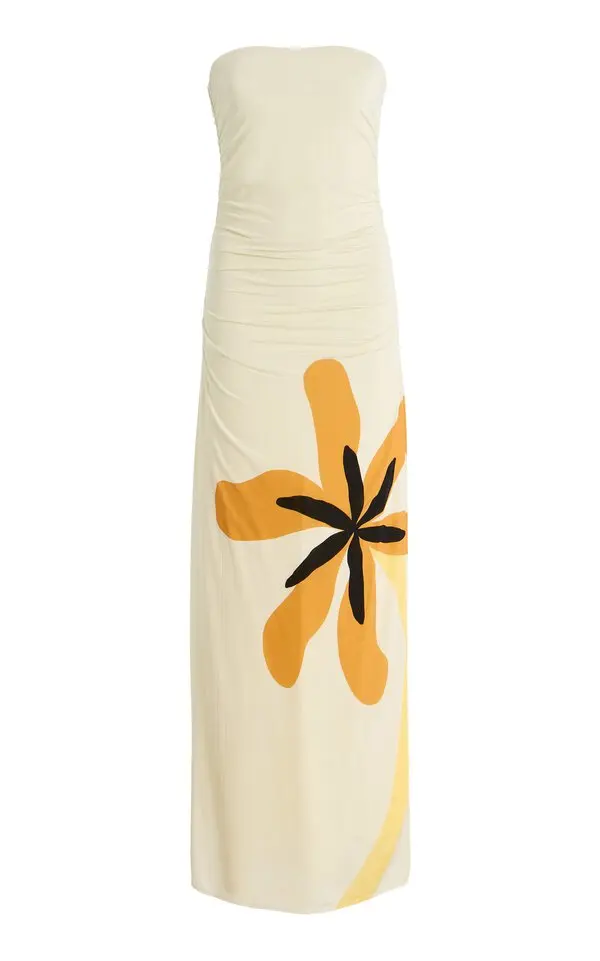 CALA DE LA CRUZ Daphne Strapless Printed Maxi Dress - White