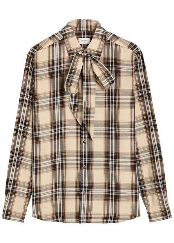 Saint Laurent Checked Tie-neck Cotton-blend Shirt - Multicoloured 1