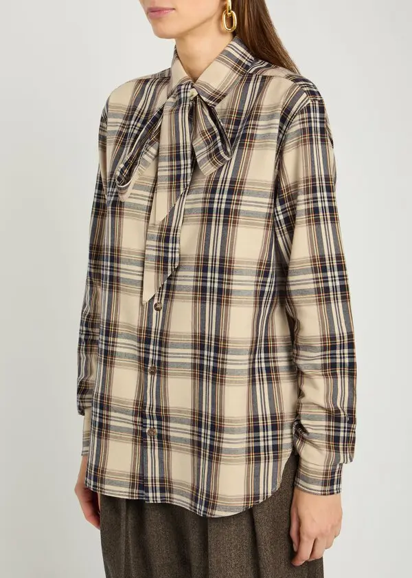Saint Laurent Checked Tie-neck Cotton-blend Shirt - Multicoloured 1