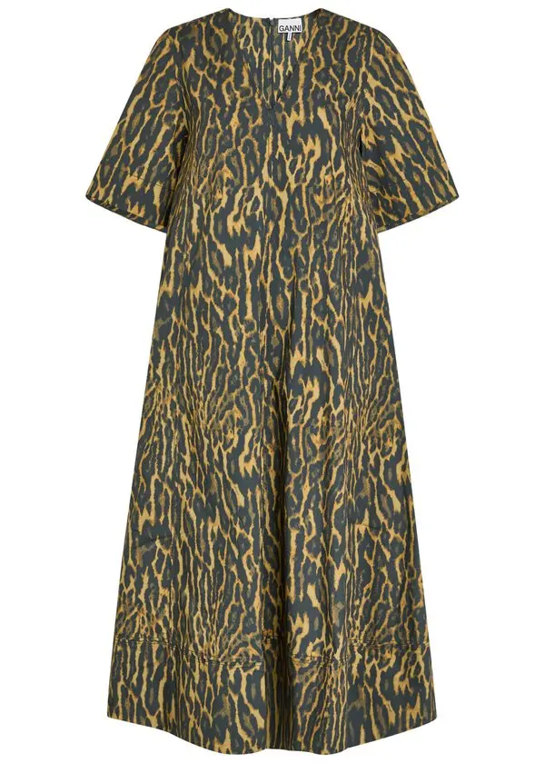 GANNI Leopard Stretch-cotton Midi Dress