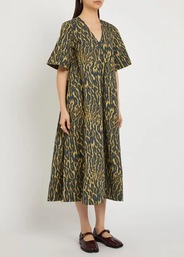 GANNI Leopard Stretch-cotton Midi Dress