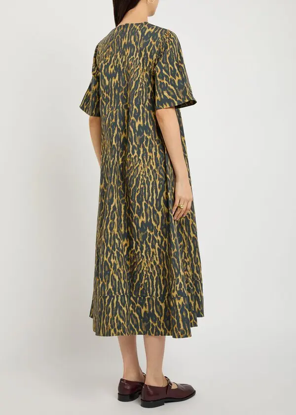 GANNI Leopard Stretch-cotton Midi Dress