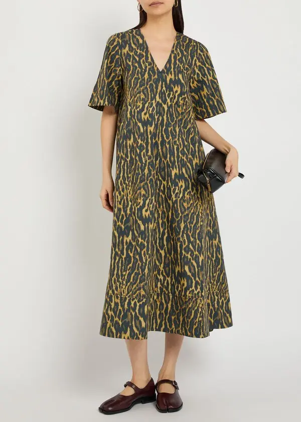 GANNI Leopard Stretch-cotton Midi Dress