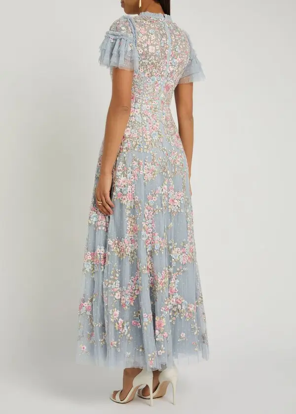 NEEDLE & THREAD Floral-embroidered Ruffled Tulle Gown - Blue