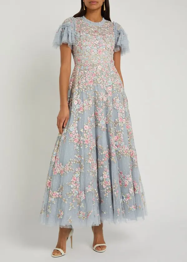 NEEDLE & THREAD Floral-embroidered Ruffled Tulle Gown - Blue