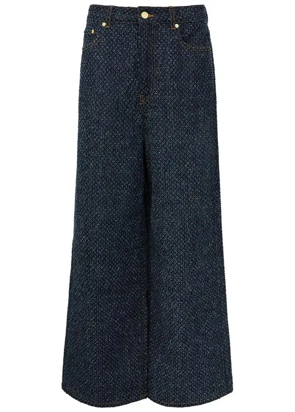 GANNI Textured Tweed Wide-leg Jeans - Denim