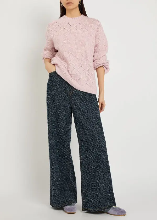 GANNI Textured Tweed Wide-leg Jeans - Denim