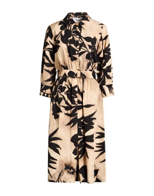 KAOS Cotton Midi Shirt Dress With Floral Print - Beige