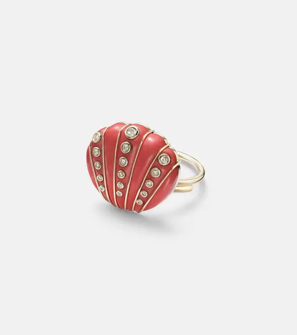 Yvonne Léon Coquillage Corail Ring With Diamonds And Coral - Gold