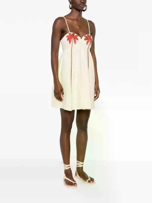 Farm Rio Palm Tree-embroidered Mini Dress - Neutrals