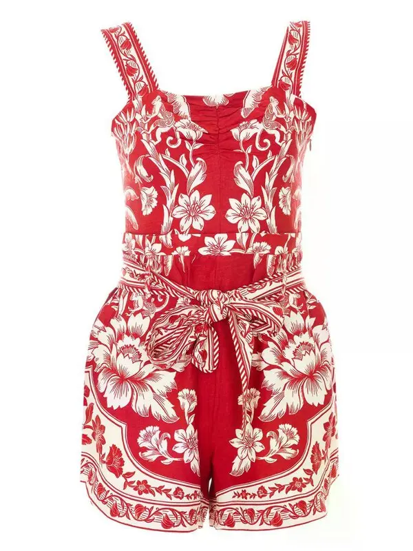 Farm Rio Floral Print Playsuit With Belt - Red