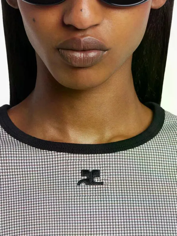 COURREGES Houndstooth Pattern T-shirt With Contrast Trim - Grey