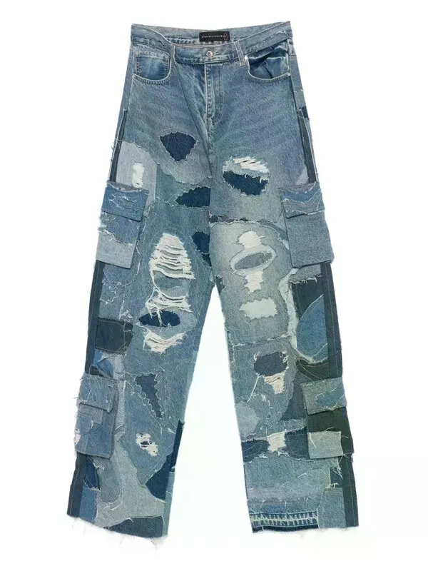 WHO DECIDES WAR BY EV BRAVADO Ripped Patchwork Cargo Jeans