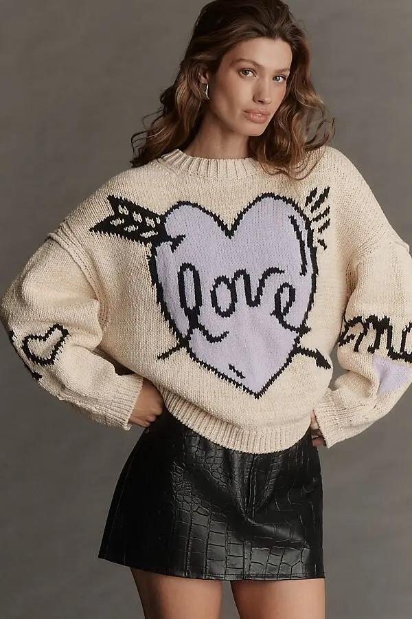 Maeve Loves Truck Long-sleeve Crew-neck Sweater - Purple Pattern