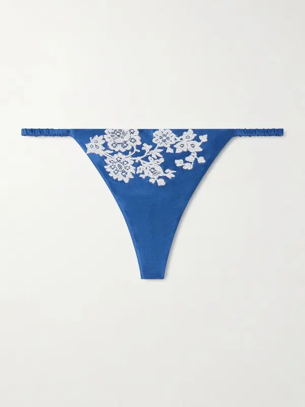 Carine Gilson Lace-trimmed Silk-satin Thong - Blue