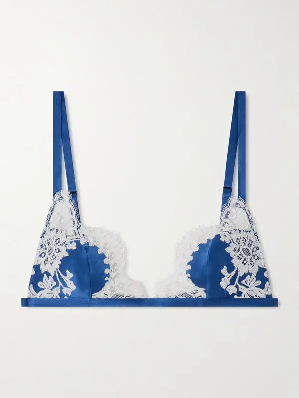 Carine Gilson Lace-trimmed Silk-satin Soft-cup Bra - Blue