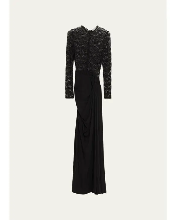 Ronny Kobo Amalyia Draped Mixed Media Column Gown - Black