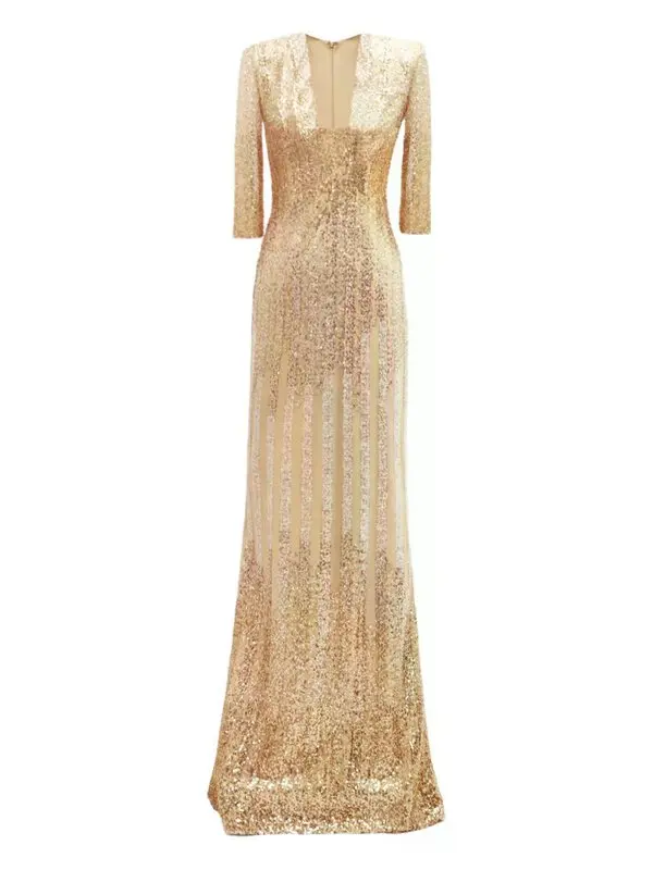 GEMY MAALOUF V-neck Three-quarter Sleeve Maxi Dress - Gold