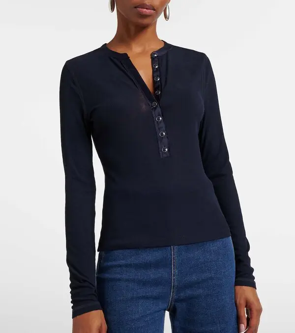 Veronica Beard Drexler Ribbed-knit Henley Shirt