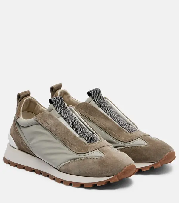Brunello Cucinelli Monili Suede-trimmed Sneakers - Grey