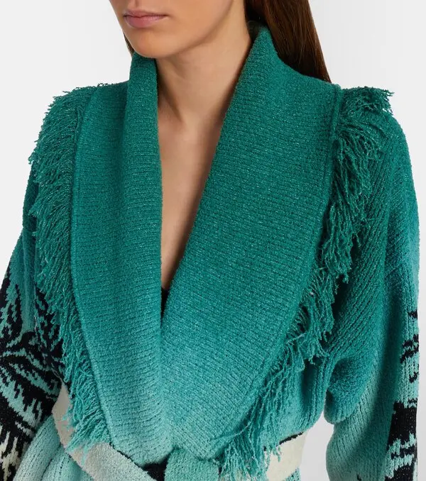 Alanui Wave Bloom Fringed Cotton-blend Jacquard Cardigan - Green