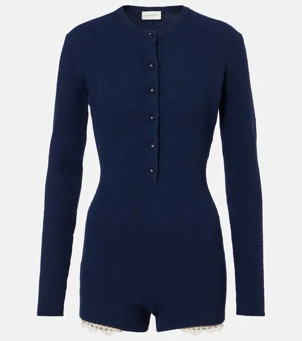 Magda Butrym Lace-trimmed Knitted Cotton-blend Romper - Blue