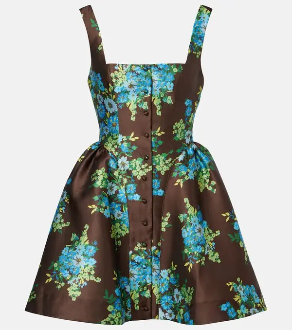 ALEMAIS Floral Peplum Satin Minidress - Brown