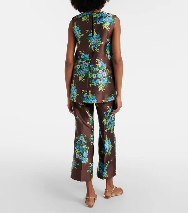 ALEMAIS Floral Cropped Satin Flared Pants - Brown