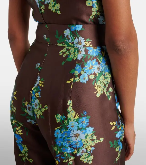 ALEMAIS Floral Cropped Satin Flared Pants - Brown