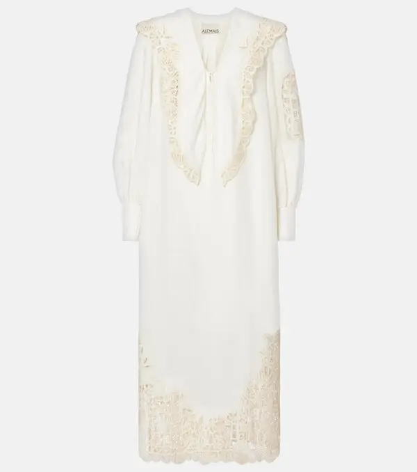 ALEMAIS Alémais X Lrnce Rosemary Embroidered Linen Midi Dress - White
