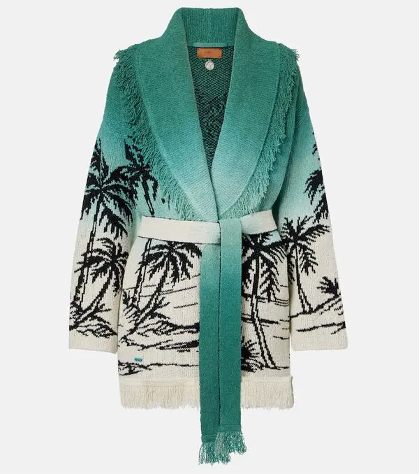 Alanui Wave Bloom Fringed Jacquard Cardigan - Green