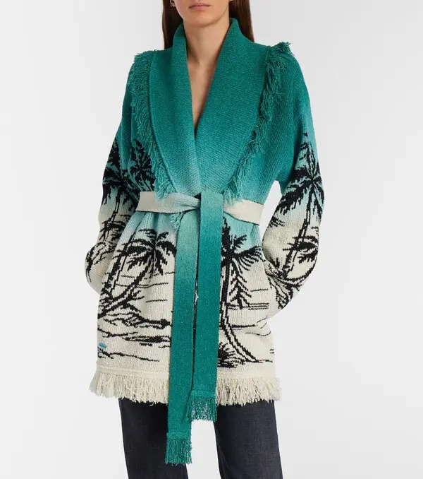 Alanui Wave Bloom Fringed Jacquard Cardigan - Green