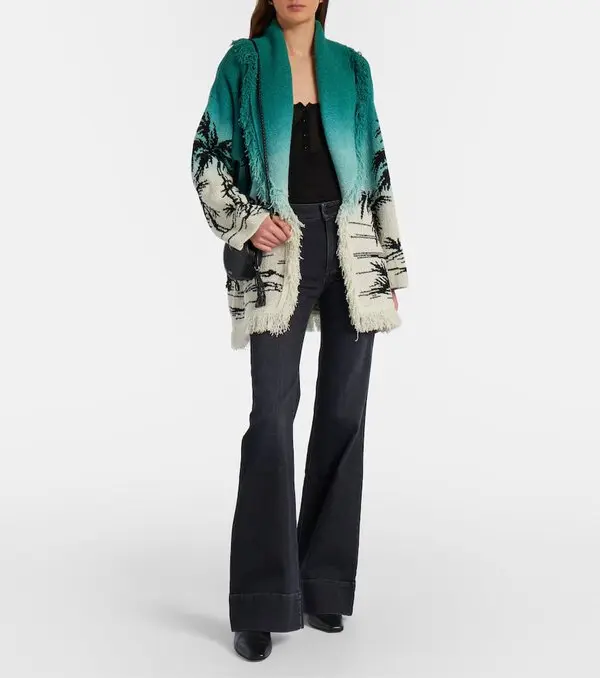Alanui Wave Bloom Fringed Jacquard Cardigan - Green