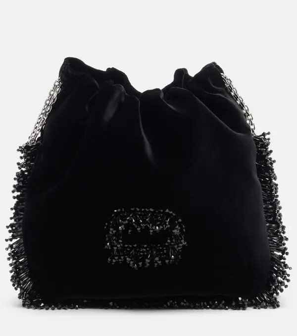 ROGER VIVIER Pilgrim Mini Beaded Velvet Bucket Bag - Black