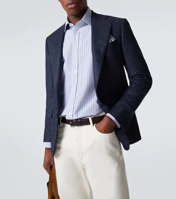 Thom Sweeney Checked Wool And Silk Blazer - Blue