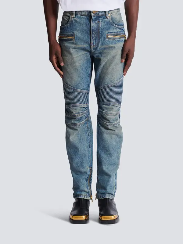 Balmain Biker Jeans In Vintage Denim - Blue