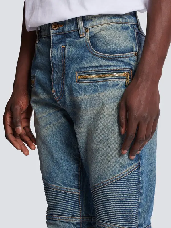 Balmain Biker Jeans In Vintage Denim - Blue
