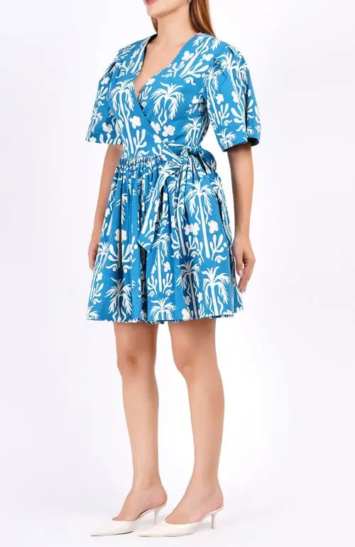 Leota Alena Mini Wrap Dress - Blue With White Pattern