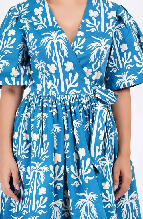 Leota Alena Mini Wrap Dress - Blue With White Pattern