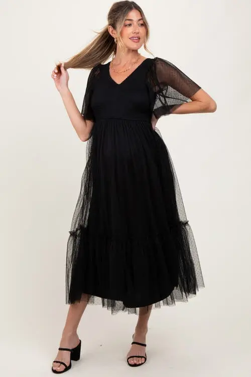 PINKBLUSH Dotted Tulle Smocked Maternity Midi Dress - Black