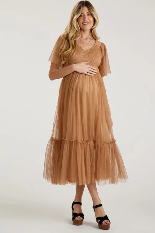 PINKBLUSH Dotted Tulle Smocked Midi Dress - Camel