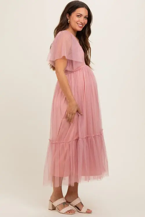 PINKBLUSH Dotted Tulle Smocked Midi Dress - Pink