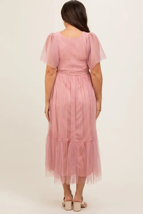 PINKBLUSH Dotted Tulle Smocked Midi Dress - Pink