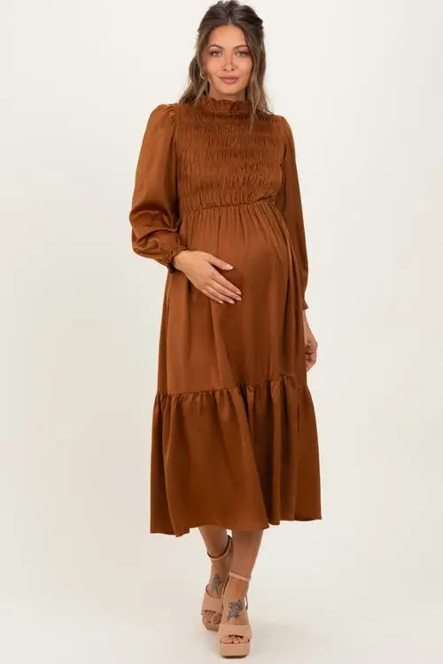 PINKBLUSH Satin Smocked Maternity Dress - Mocha