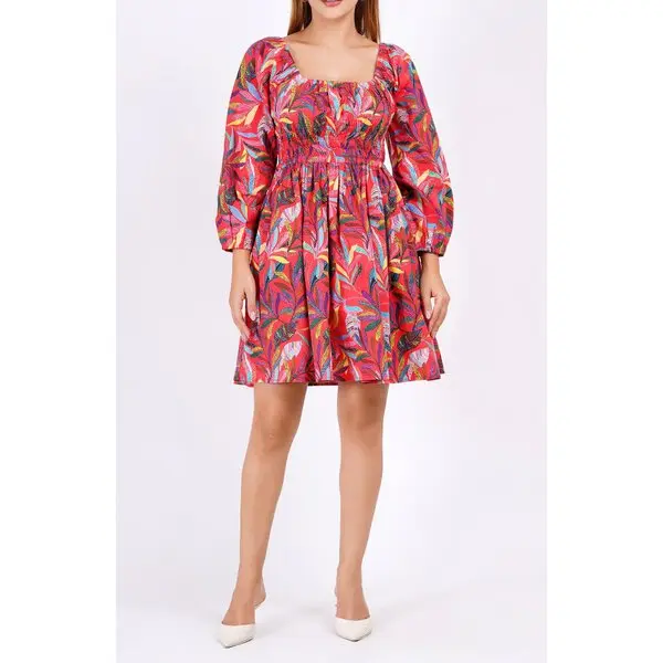 Leota Genevieve Mini Dress - Palm Foliage Poppy Red