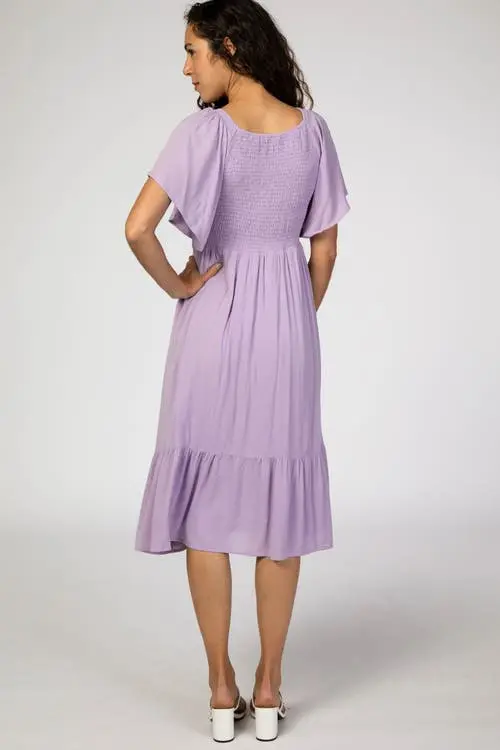 PINKBLUSH Maternity Smocked Ruffle Hem Dress - Lavender