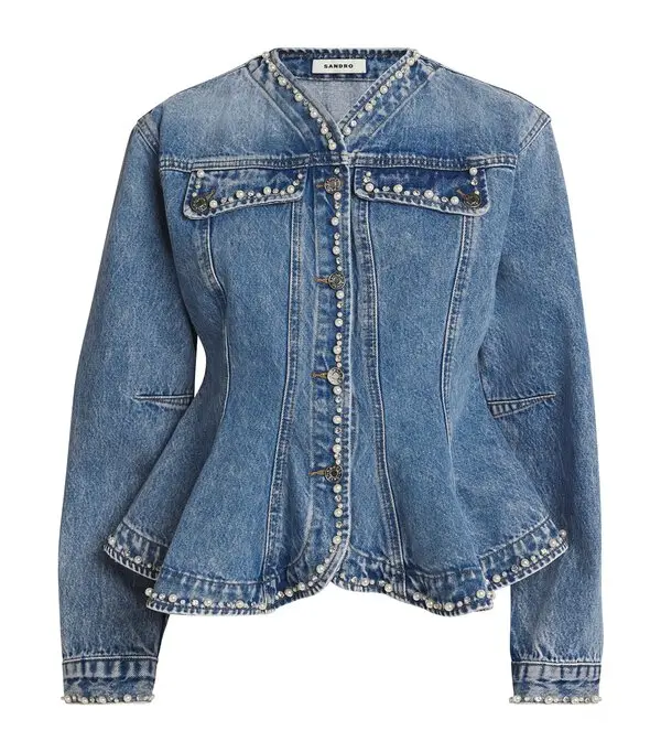 Sandro Beaded Denim Peplum Jacket - Blue