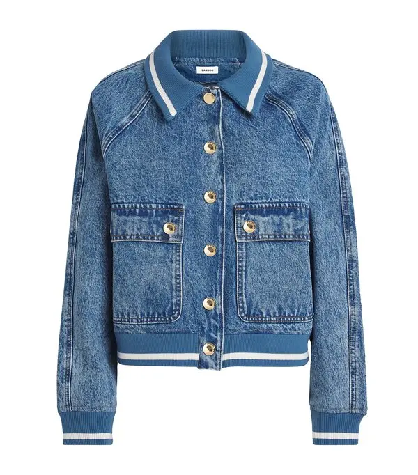 Sandro Rib-trim Denim Bomber Jacket - Blue