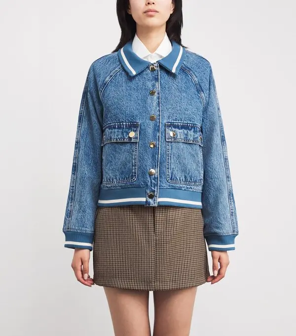 Sandro Rib-trim Denim Bomber Jacket - Blue