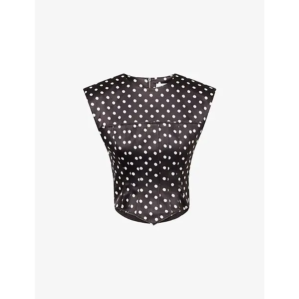 GANNI Padded-shoulder Polka-dot Satin Corset Top